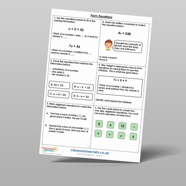 Year 6 Form Equations Mixed Activity Resource | Classroom Secrets