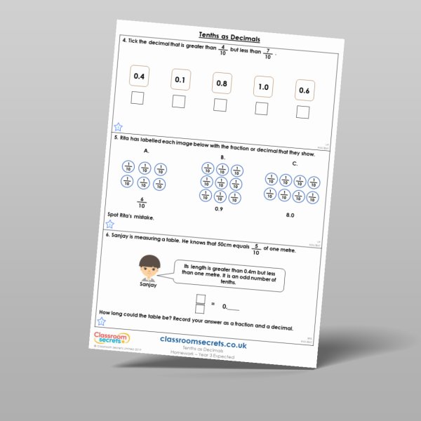 Year 3 Tenths As Decimals Homework Resource | Classroom Secrets