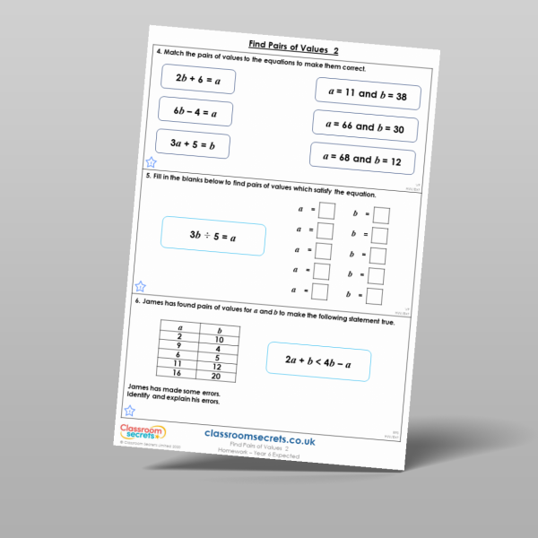 Year 6 Find Pairs Of Values 2 Homework Resource | Classroom Secrets