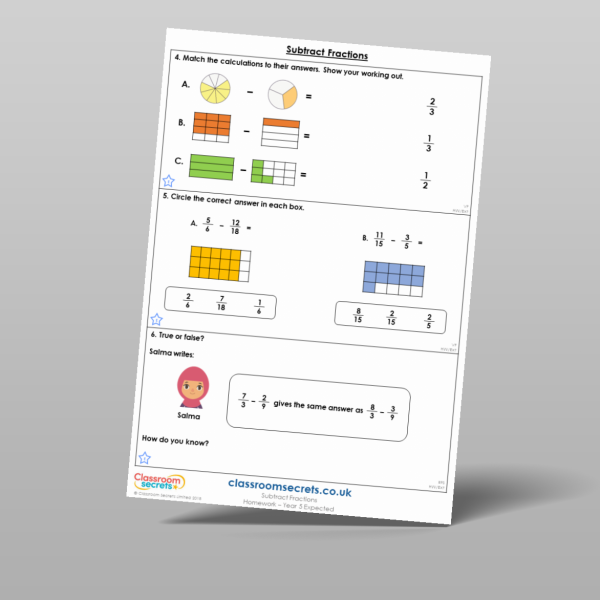 Subtract Fractions Homework Extension Year 3 Fractions – Classroom ...