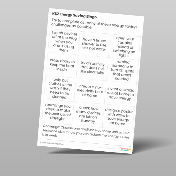 KS2 Energy Saving Bingo Resource | Classroom Secrets