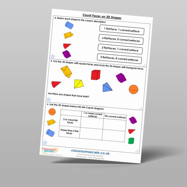 Year 2 Count Faces On 3d Shapes Homework Resource | Classroom Secrets