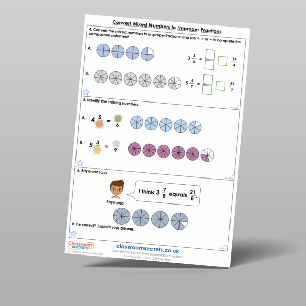 Year 5 Convert Mixed Numbers To Improper Fractions Homework Resource ...