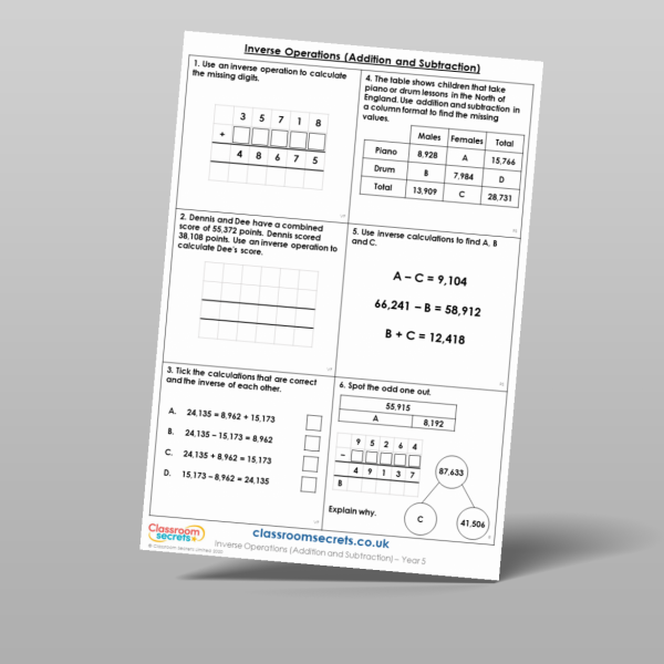 Year 5 Inverse Operations Addition And Subtraction Mixed Activity ...