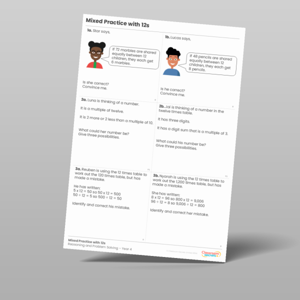 Year 4 Mixed Practice With 12s Reasoning And Problem Solving Resource | Classroom Secrets