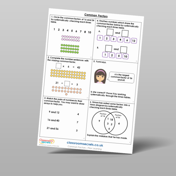 Year 6 Common Factors Prior Learning Resource | Classroom Secrets