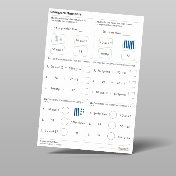 Year 2 Compare Numbers Varied Fluency 2 Resource | Classroom Secrets