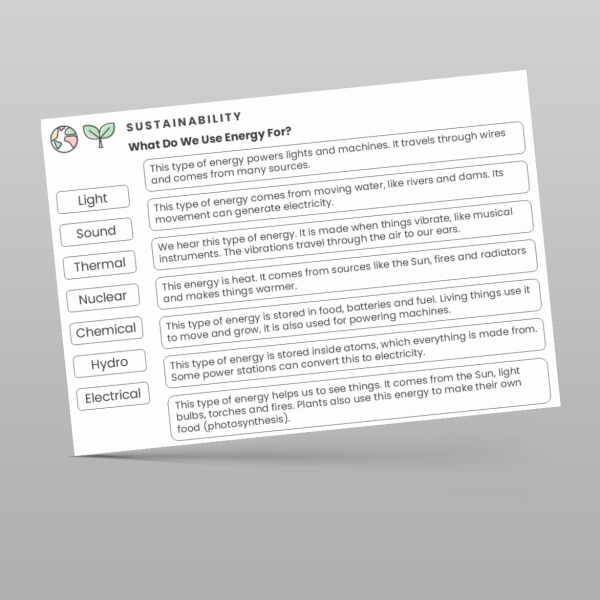 Y6 Sustainability Energy Matching Activity Resource | Classroom Secrets