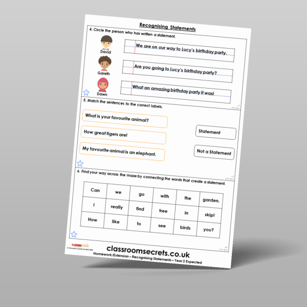 Year 2 Recognising Statements Homework Resource Classroom Secrets