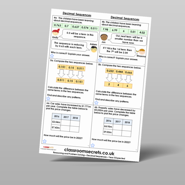 Year 5 Decimal Sequences Reasoning And Problem Solving Resource ...