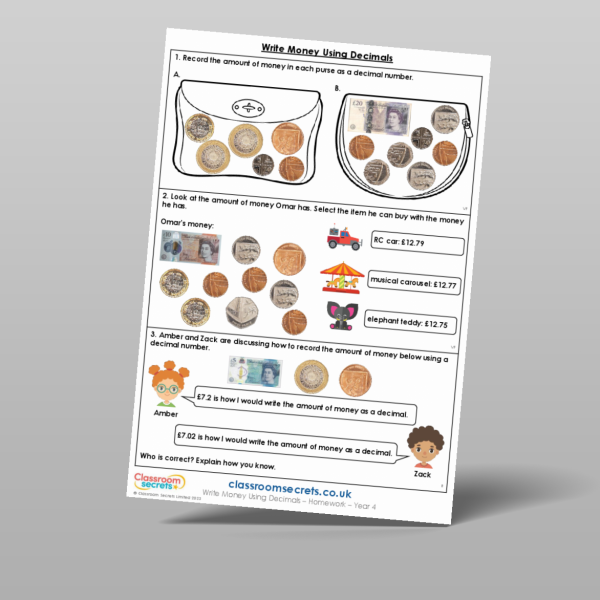 Year 4 Write Money Using Decimals Homework Resource Classroom Secrets