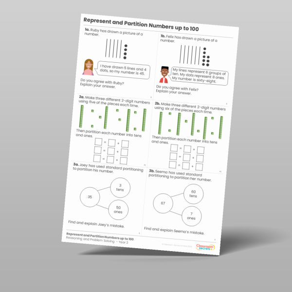 Year 3 Represent And Partition Numbers Up To 100 Reasoning And Problem Solving Resource ...