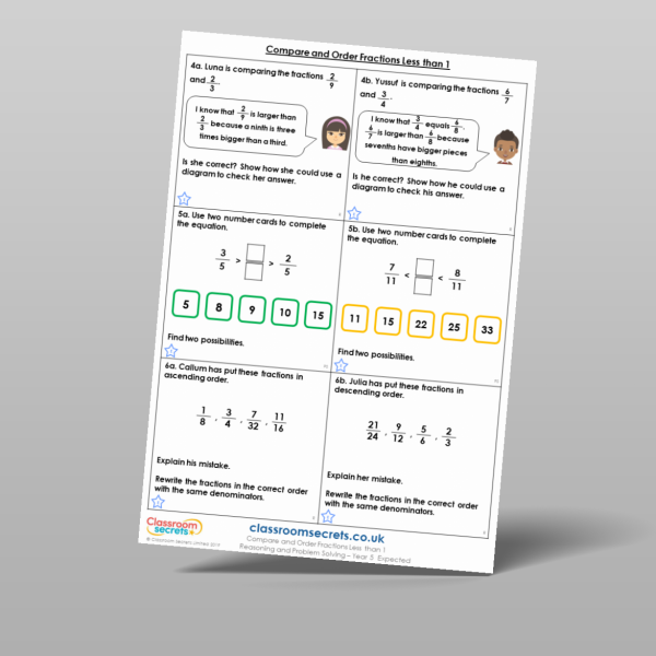 Year 5 Compare And Order Fractions Less Than 1 Reasoning And Problem ...