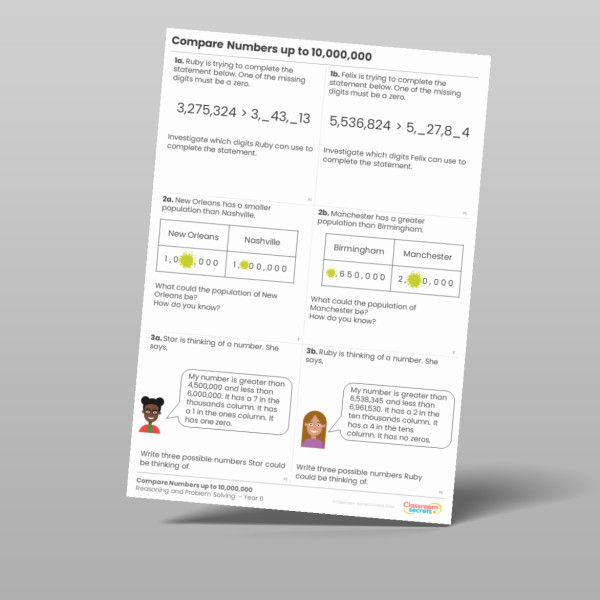 Compare Numbers Up To 10 000 000 Reasoning And Problem Solving Resource