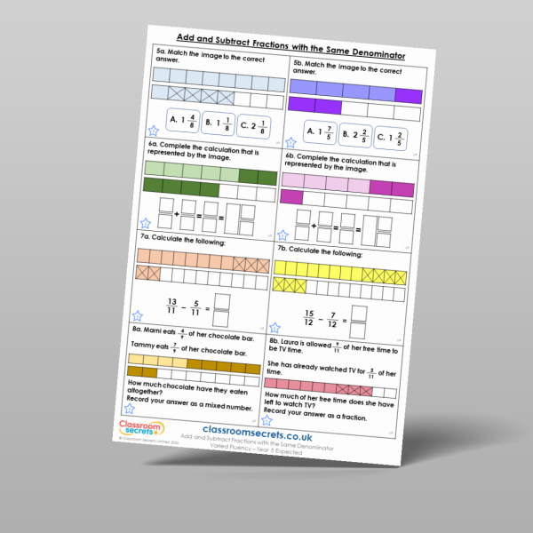 Year 5 Add And Subtract Fractions With The Same Denominator Varied Fluency Resource Classroom