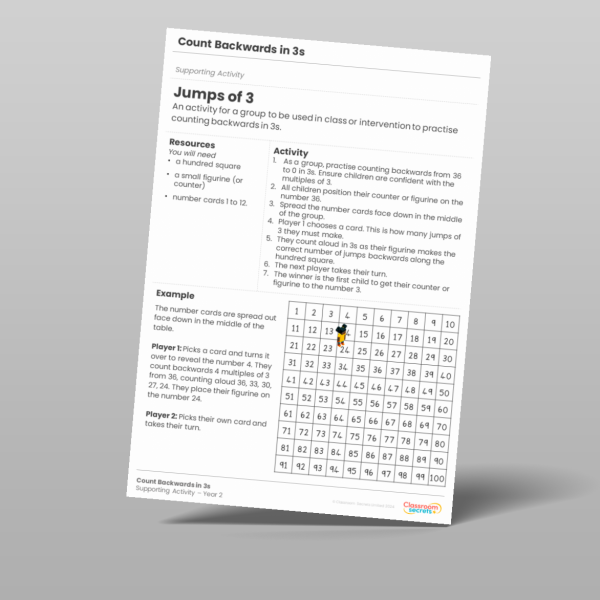 Year 2 Count Backwards In 3s Supporting Activity Resource | Classroom ...