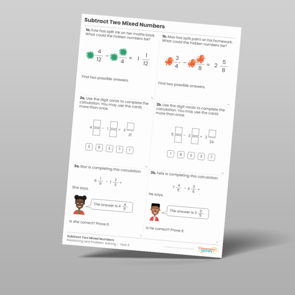 Year 6 Subtract Two Mixed Numbers Reasoning And Problem Solving Resource | Classroom Secrets