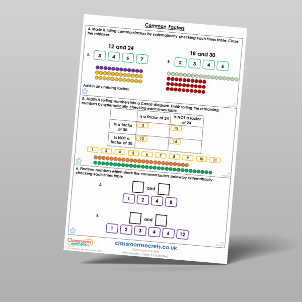 Year 5 Common Factors Homework Resource | Classroom Secrets