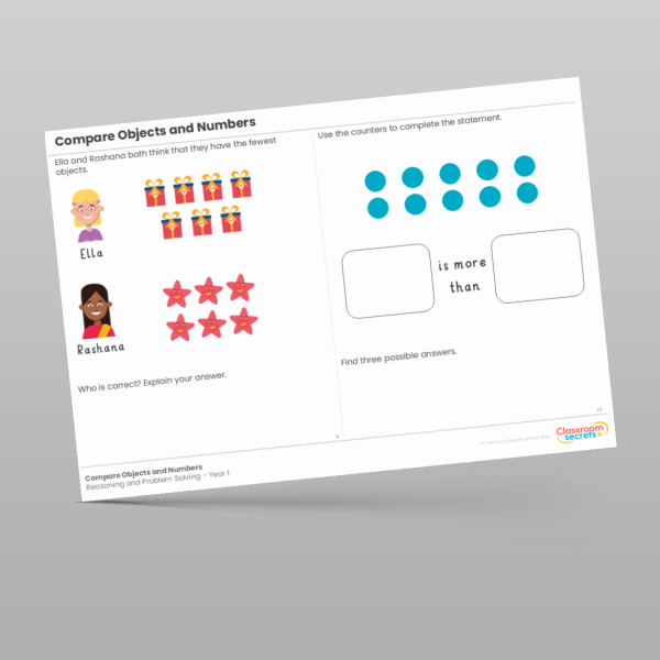 Year 1 Compare Objects And Numbers Reasoning And Problem Solving Resource Classroom Secrets