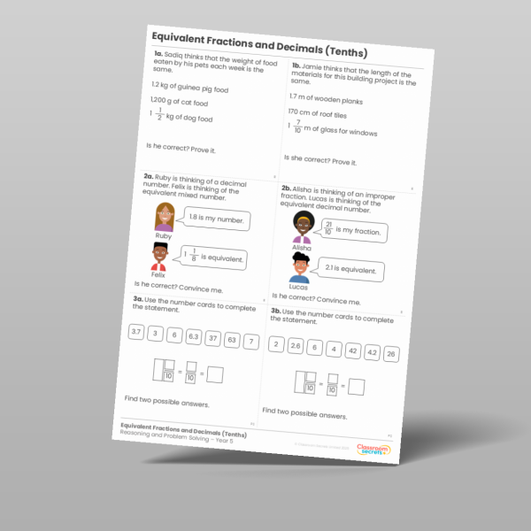 Year 5 Equivalent Fractions And Decimals Tenths Reasoning And Problem ...