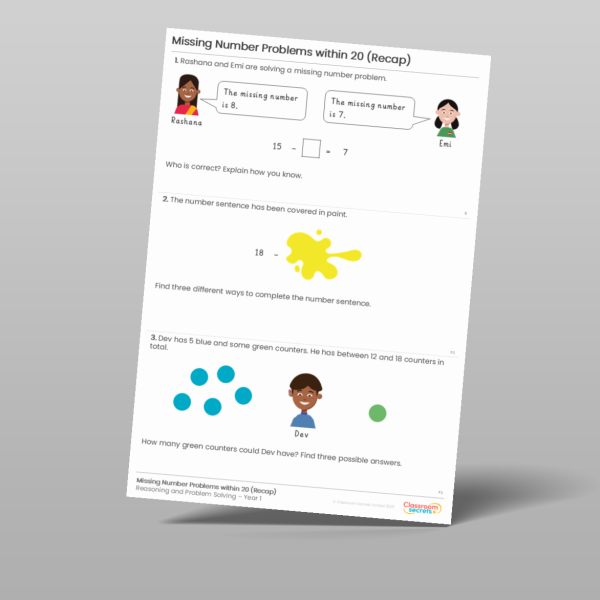 Year 1 Missing Number Problems Within 20 Recap Reasoning And Problem Solving Resource ...