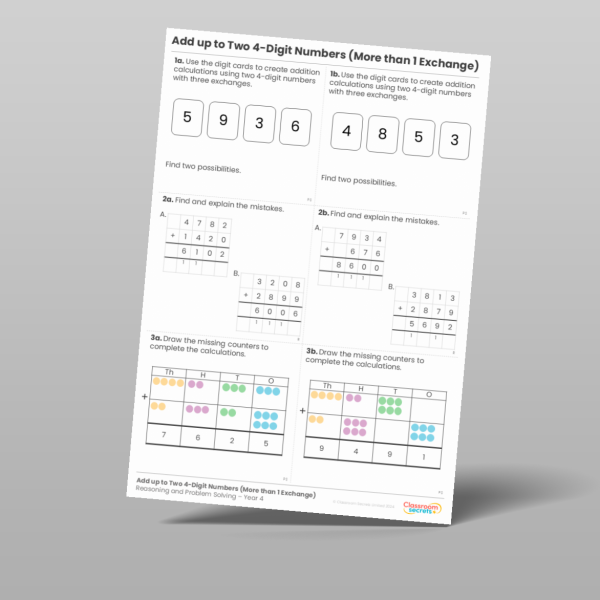 Year 4 Add Up To Two 4 Digit Numbers More Than 1 Exchange Reasoning And Problem Solving Resource ...