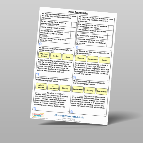 Year 4 Using Paragraphs Varied Fluency Resource | Classroom Secrets