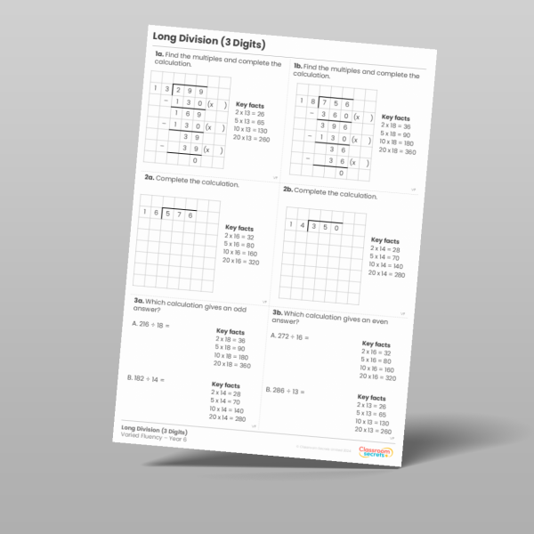 Year 6 Long Division 3 Digits Varied Fluency Resource | Classroom Secrets