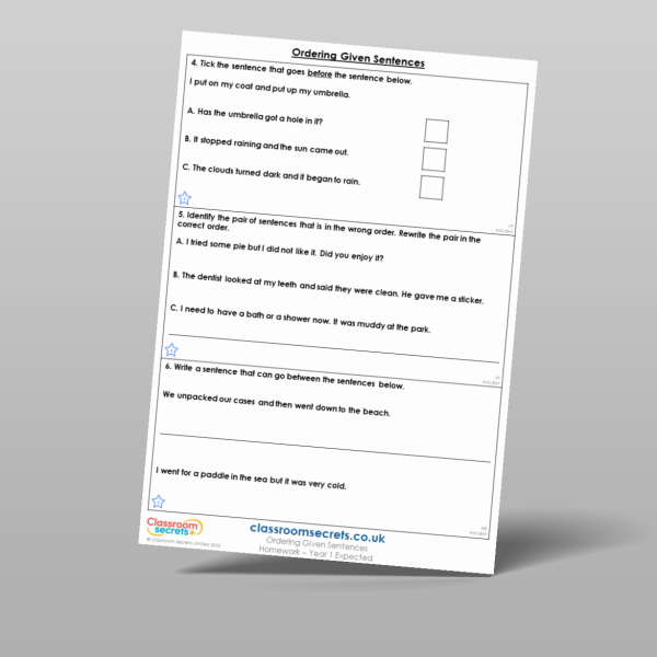 Year 1 Ordering Given Sentences Homework Resource | Classroom Secrets