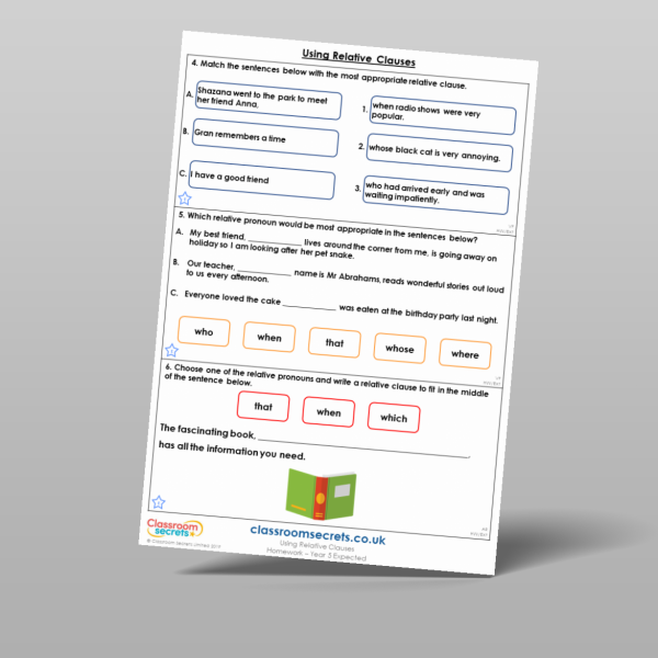 Year 5 Using Relative Clauses Homework Resource | Classroom Secrets