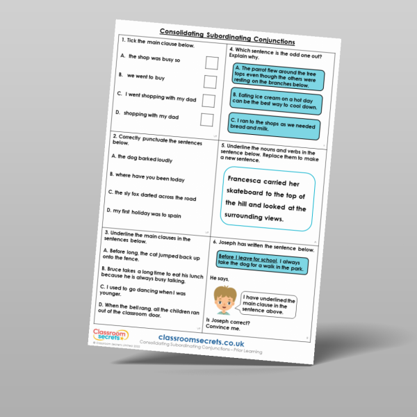 Year 4 Consolidating Subordinating Conjunctions Prior Learning Resource Classroom Secrets