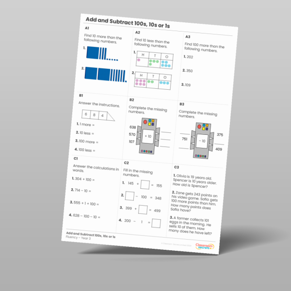 Year 3 Add And Subtract 100s 10s Or 1s Fluency Matrix Resource ...