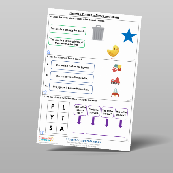 Year 1 Describe Positions Above And Below Homework Resource | Classroom ...