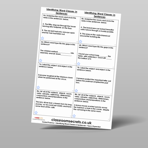 Year 6 Identifying Word Classes In Sentences Varied Fluency Resource ...