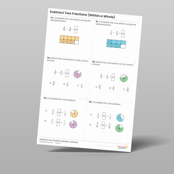Year 4 Subtract Two Fractions Within A Whole Varied Fluency Resource ...