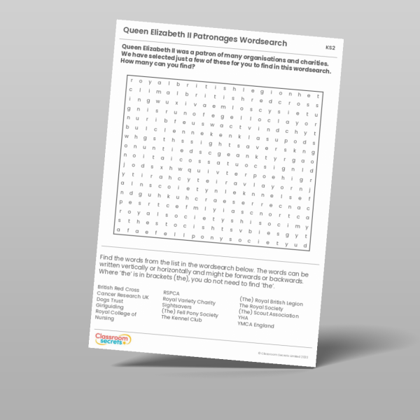 KS2 Queen Elizabeth Ii Patronages Wordsearch Resource | Classroom Secrets