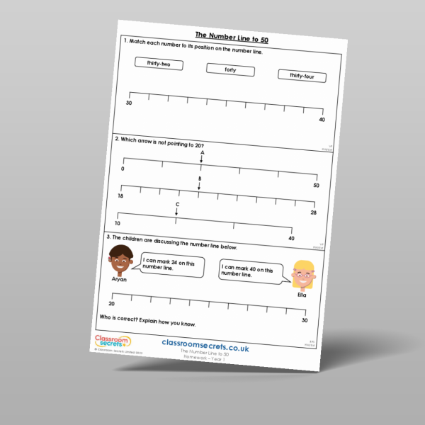 Year 1 The Number Line To 50 Homework Resource | Classroom Secrets