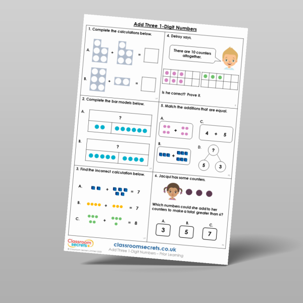 Year 2 Add Three 1 Digit Numbers Prior Learning Resource | Classroom ...