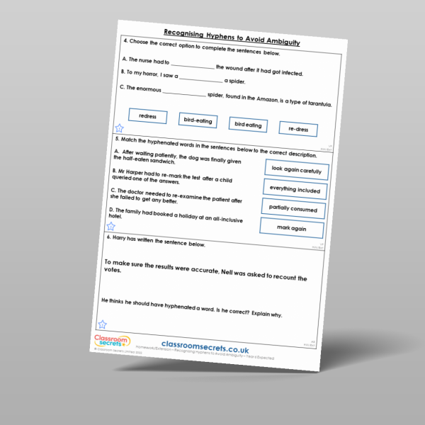 Year 6 Recognising Hyphens To Avoid Ambiguity Homework Resource ...