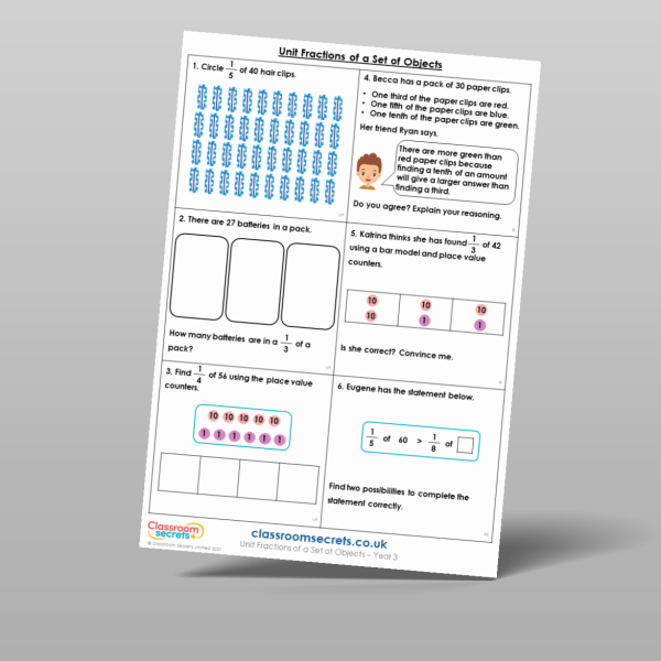Year 3 Unit Fractions Of A Set Of Objects Mixed Activity Resource ...
