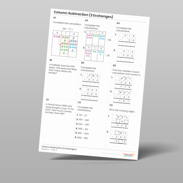 Year 3 Column Subtraction 2 Exchanges Fluency Matrix Resource ...