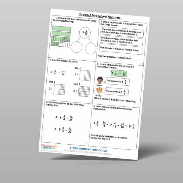 Year 5 Subtract Two Mixed Numbers Prior Learning Resource | Classroom Secrets