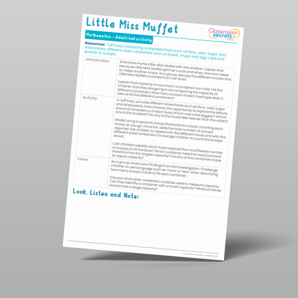 Eyfs Little Miss Muffet Maths Adult Led Activity Resource | Classroom ...