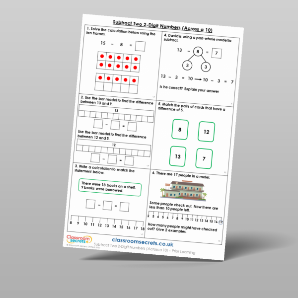 Year 2 Subtract Two 2 Digit Numbers Across A 10 Prior Learning Resource Classroom Secrets