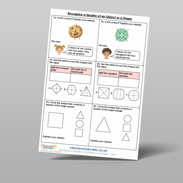 Year 1 Recognise A Quarter Of An Object Or A Shape Reasoning And ...