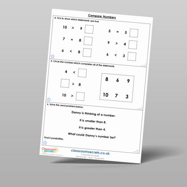Year 1 Compare Numbers Homework Resource | Classroom Secrets