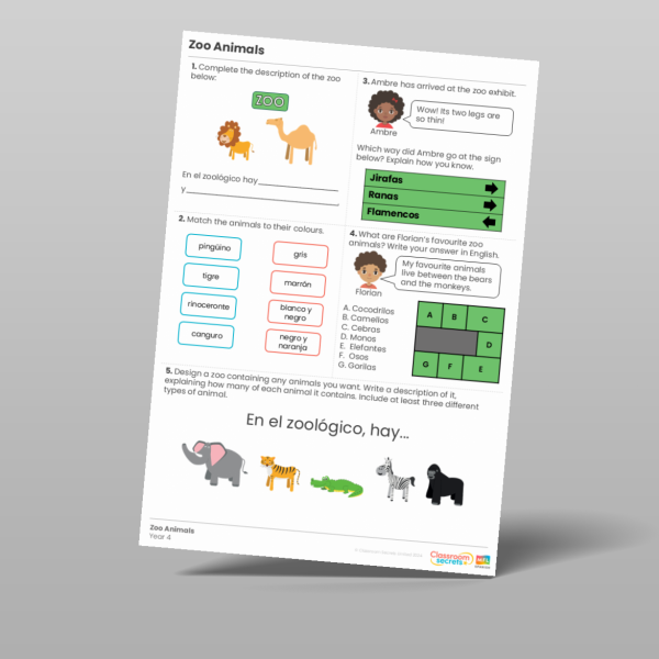 Year 4 Spanish Zoo Animals Main Activity Resource | Classroom Secrets