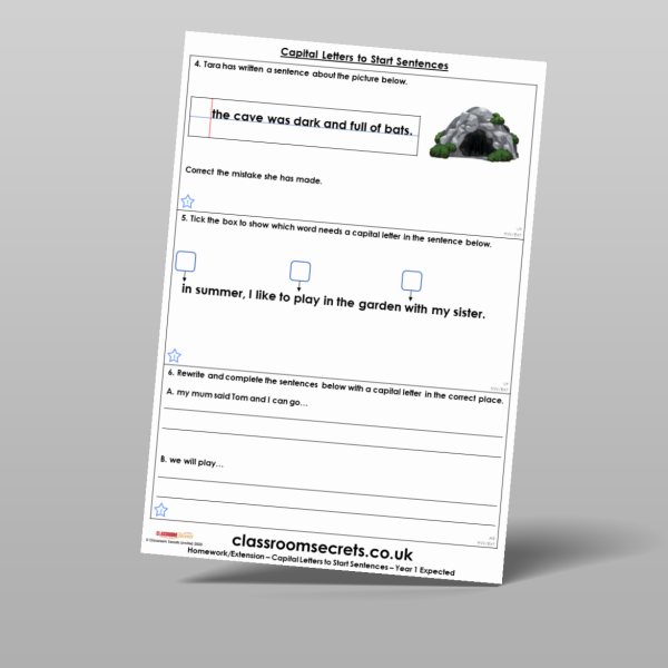 Year 1 Capital Letters To Start Sentences Homework Resource | Classroom ...