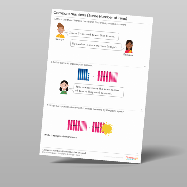 Year 1 Compare Numbers Same Number Of Tens Reasoning And Problem Solving Resource | Classroom ...