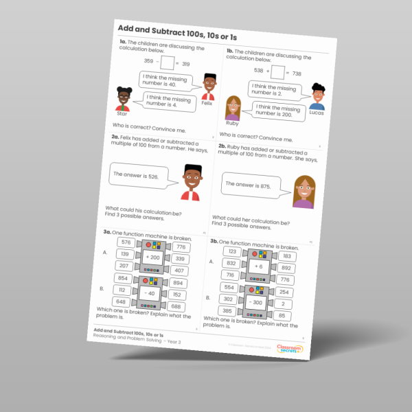 Year 3 Add And Subtract 100s 10s Or 1s Reasoning And Problem Solving ...